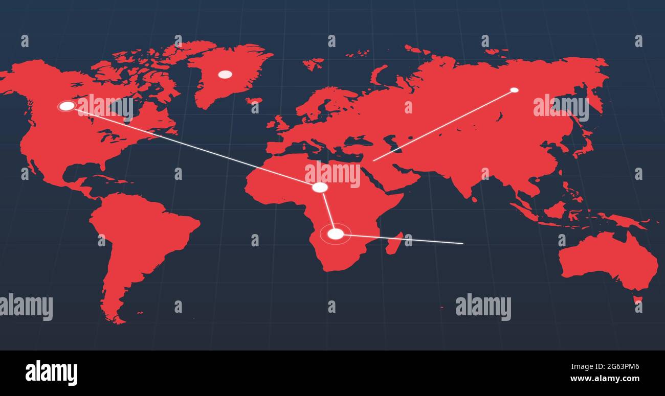 Red world map with moving white network of connected points on dark ...