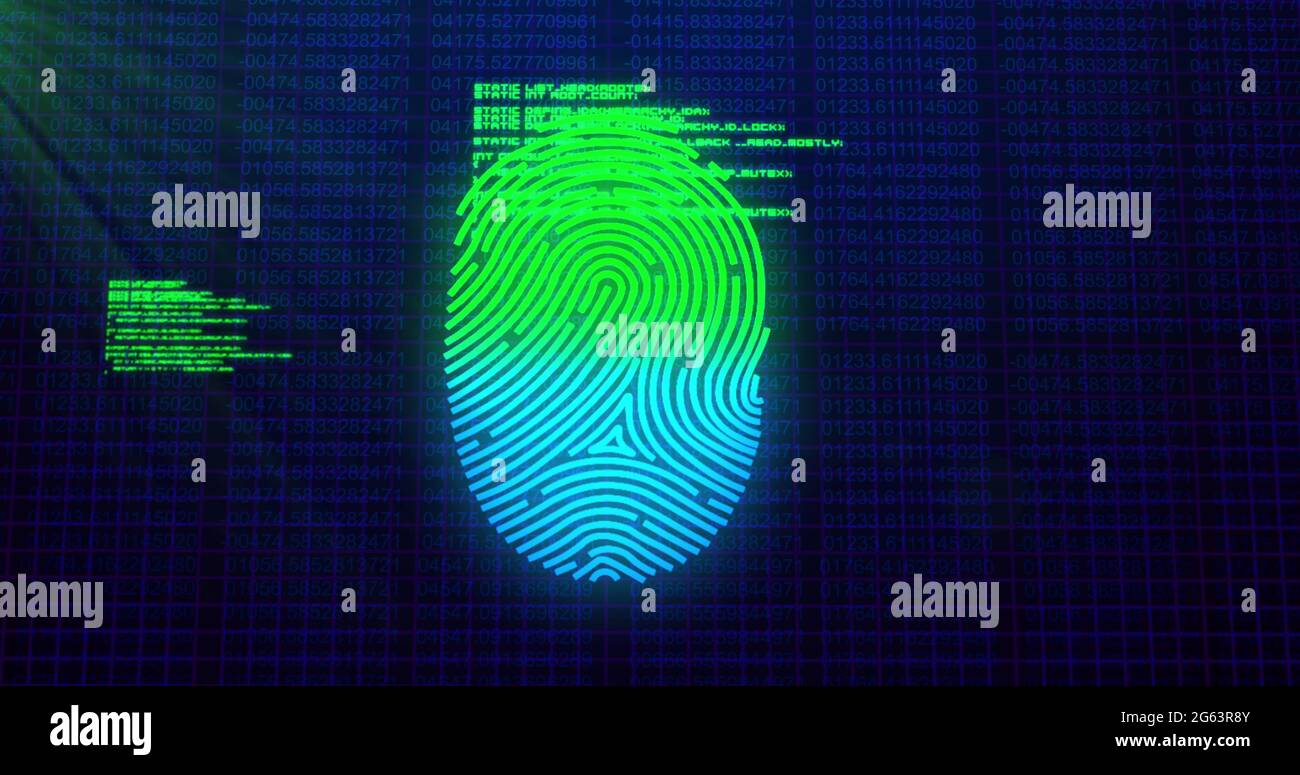 Image of digital biometric fingerprint computer interface icon on mesh ...