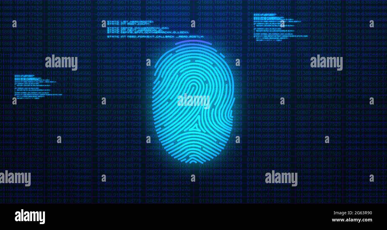 Image of digital biometric fingerprint computer interface icon and data ...