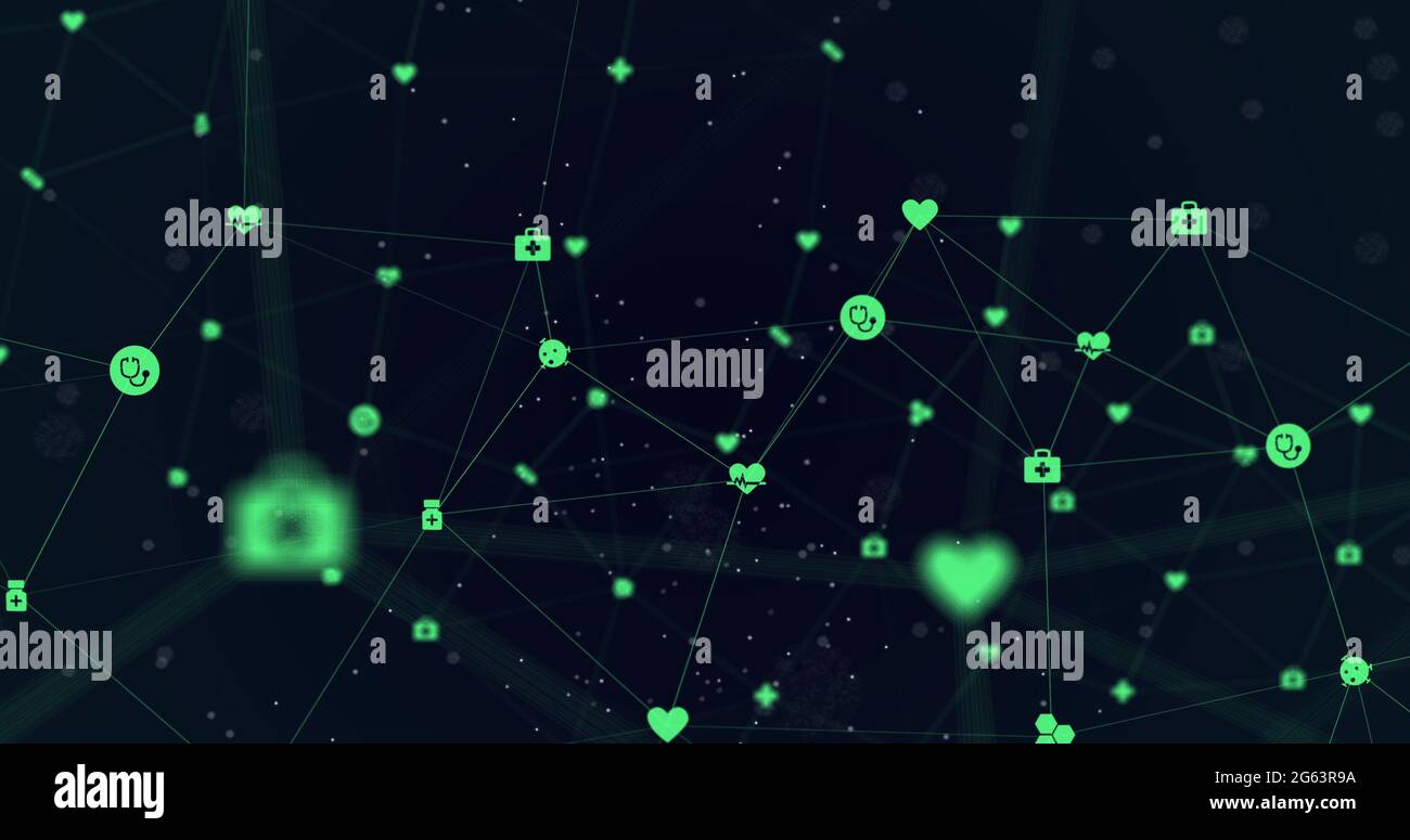 Image of digital interface and network of connections with green icons ...