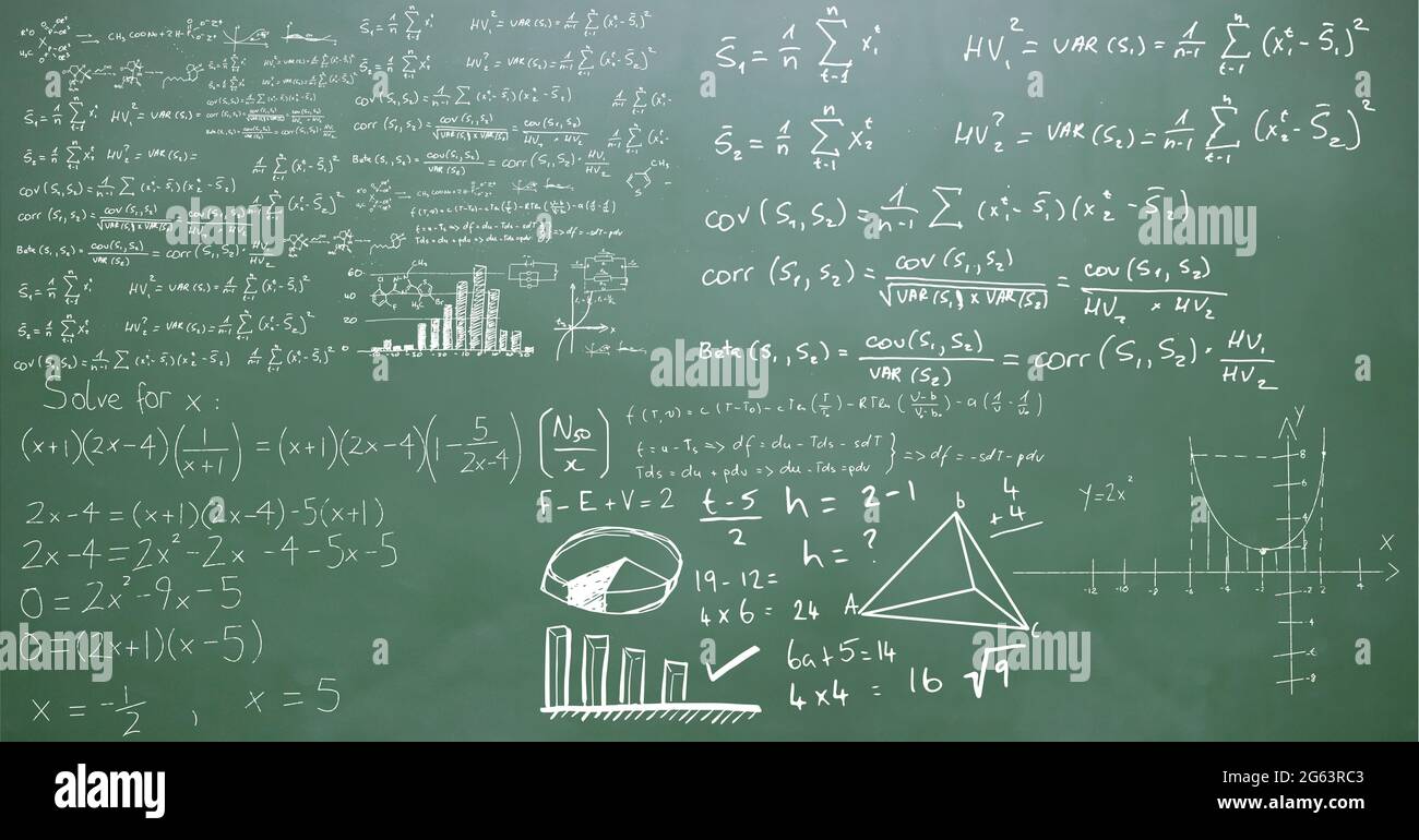 Composition of mathematical equations over green chalkboard Stock Photo ...