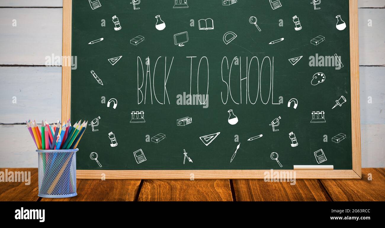 Composition of back to school text and pencil crayons Stock Photo - Alamy