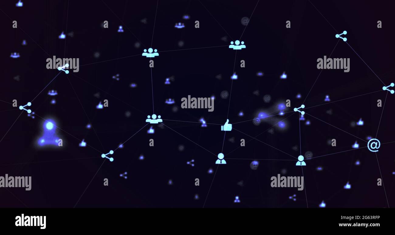 Image of digital interface and network connections with purple social ...