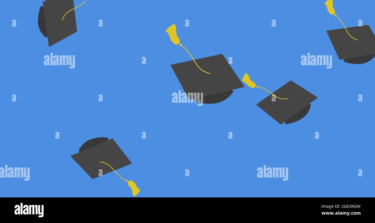 Image of graduation college university hats falling on blue background ...