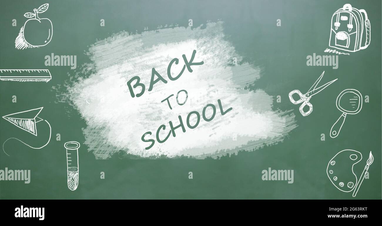 Composition of back to school text and school items Stock Photo - Alamy