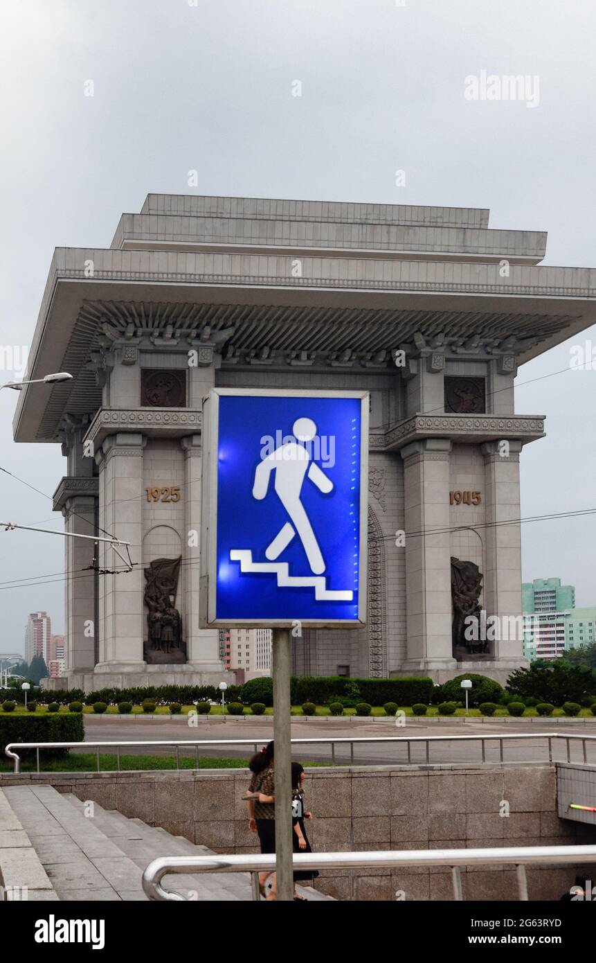 Sign for subway entrance by the Independence monument in Pyongyang ...