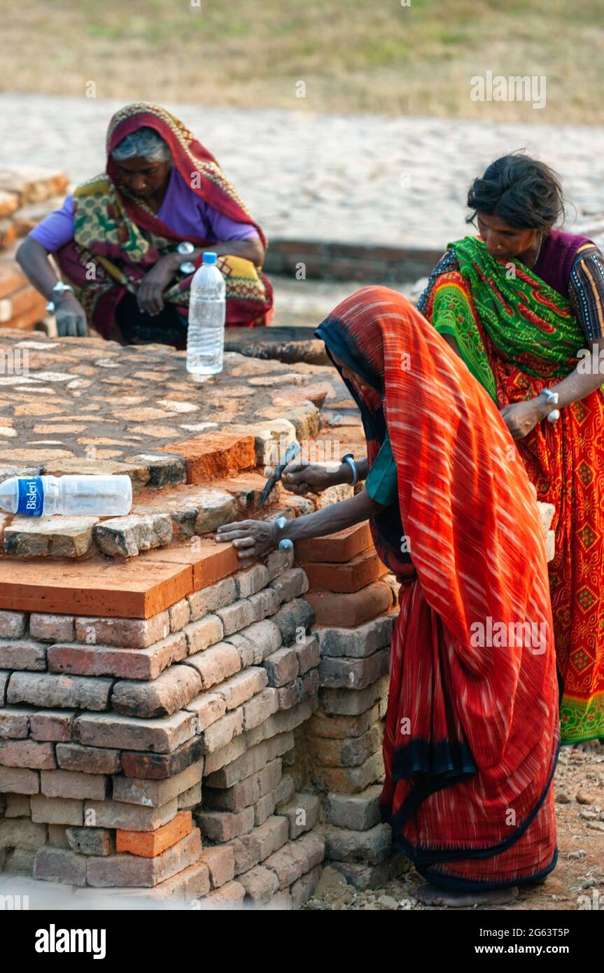 Women in saris working laying bricks on construction at Sarnath, close ...