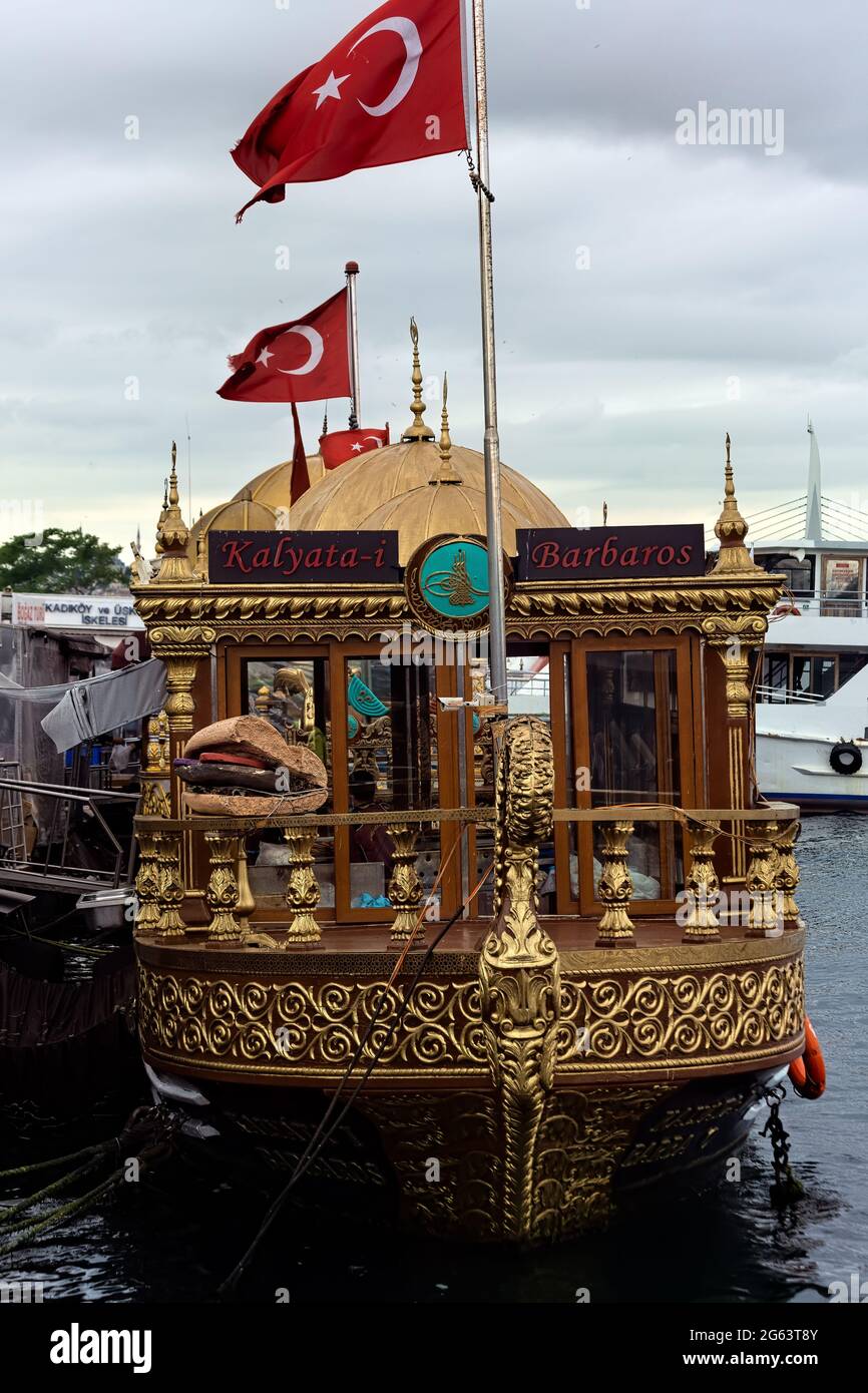 Fish and chips, seafood takeaway street food. Floating restaurant boats ...
