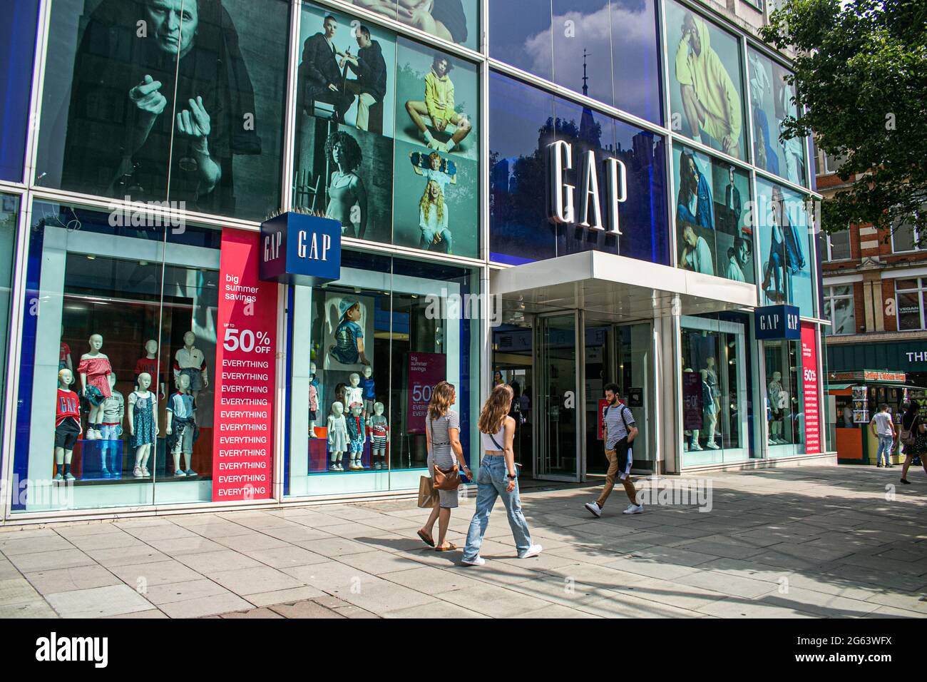 OXFORD STREET LONDON 2 July 2021. Pedestrians walk past the GAP ...