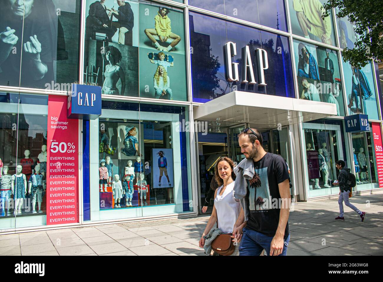 OXFORD STREET LONDON 2 July 2021. Pedestrians walk past the GAP ...