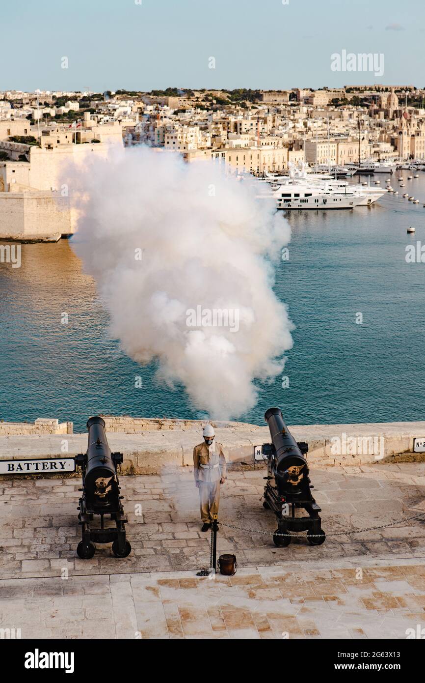 Vertical shot of two saluting cannons in Valletta, Malta Stock Photo ...