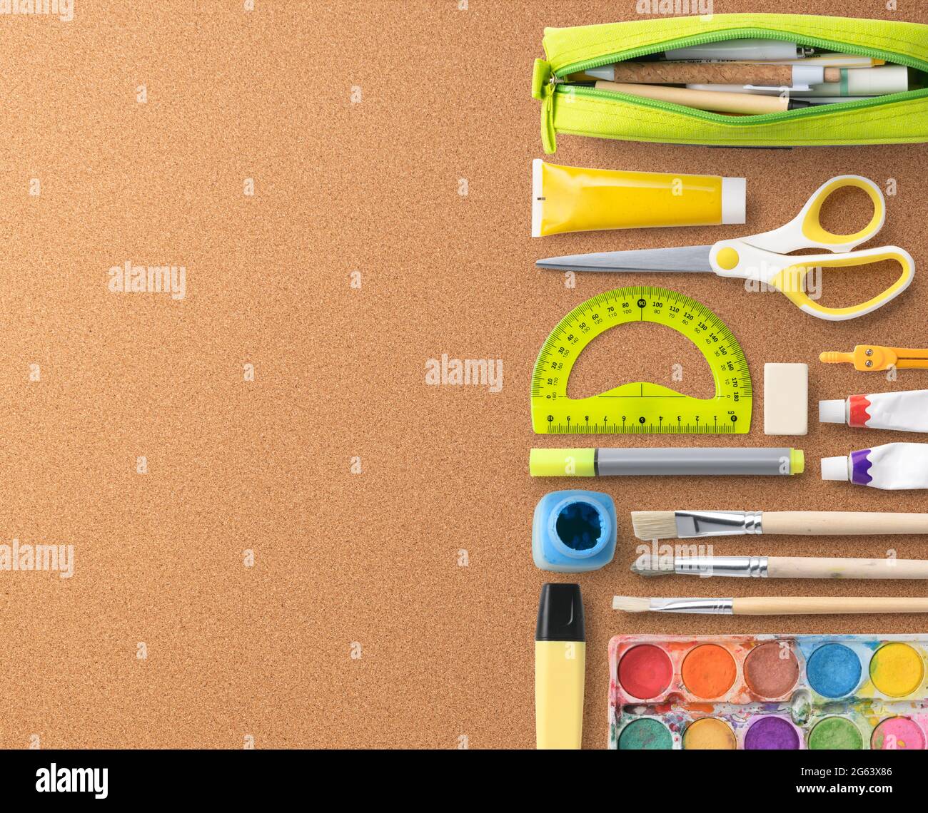Flat lay top view of group of school supplies, back to school concept ...