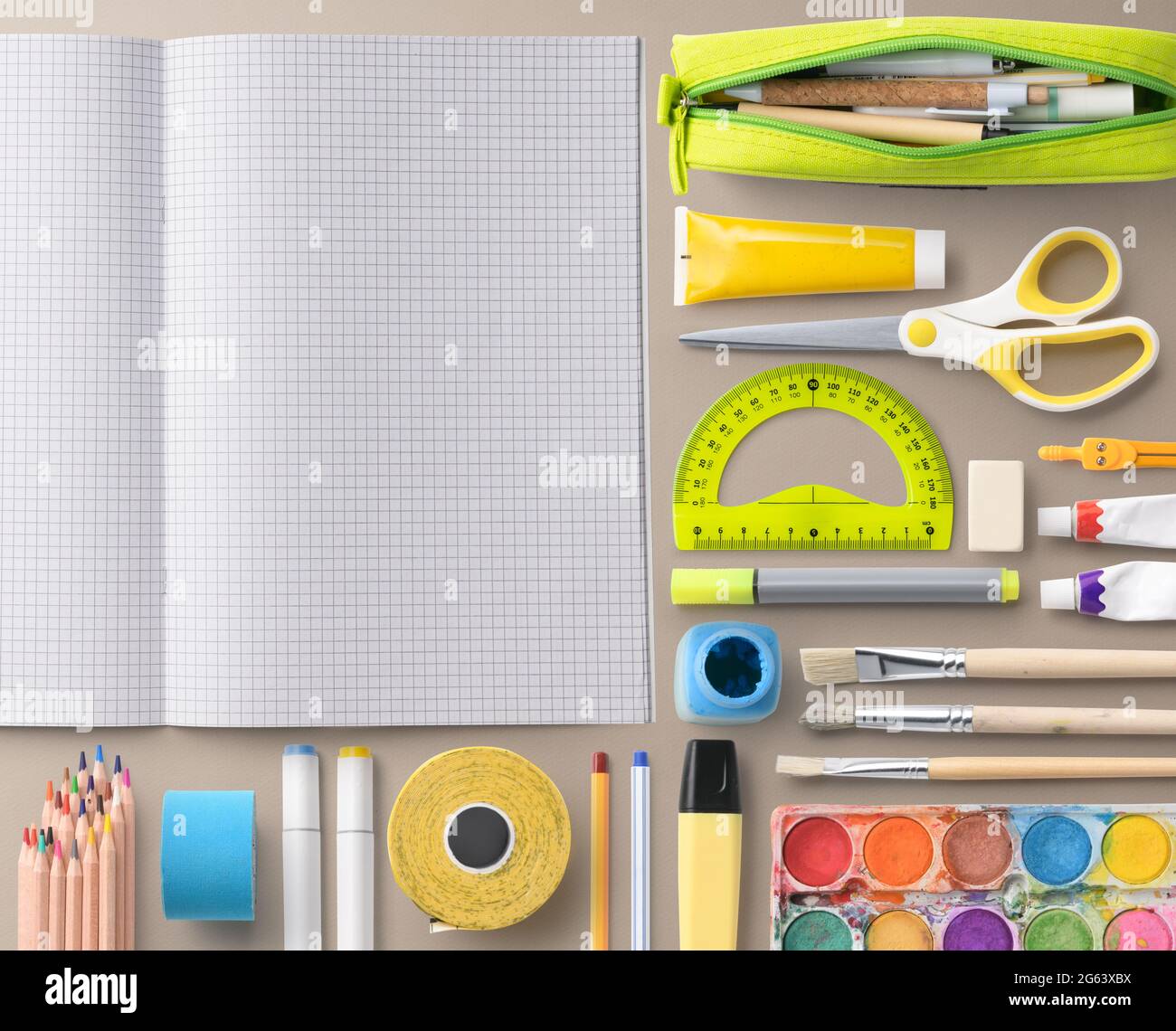 Flat lay top view of group of school supplies, back to school concept ...