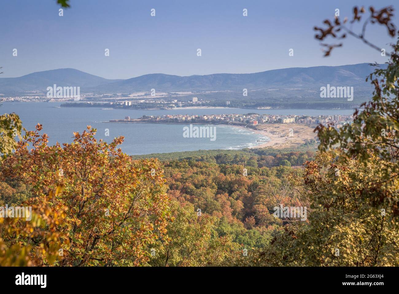 Autumn sea coastal landscape with bays, village and mountains against ...