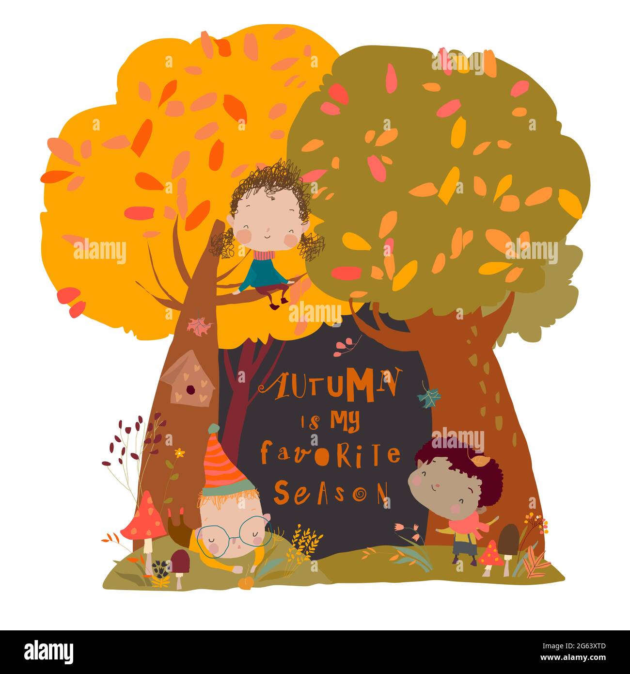 Cute Cartoon Children having fun in Autumn Forest Stock Vector Image ...