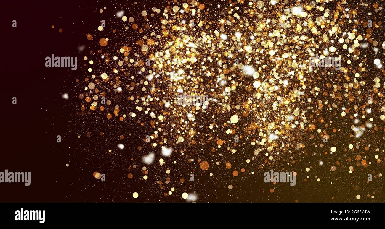 Sparkling golden particles floating upwards on a dark background Stock ...