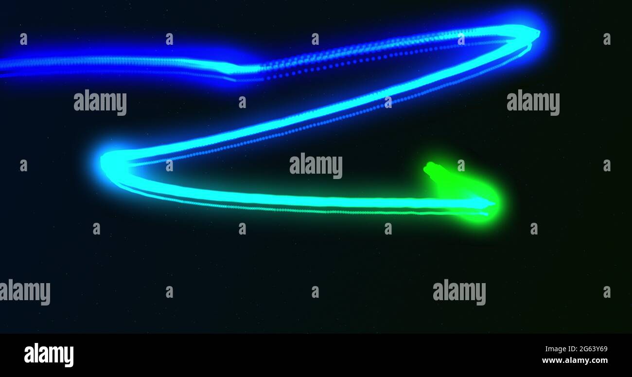 Blue and green neon light trail moving on black background Stock Photo ...