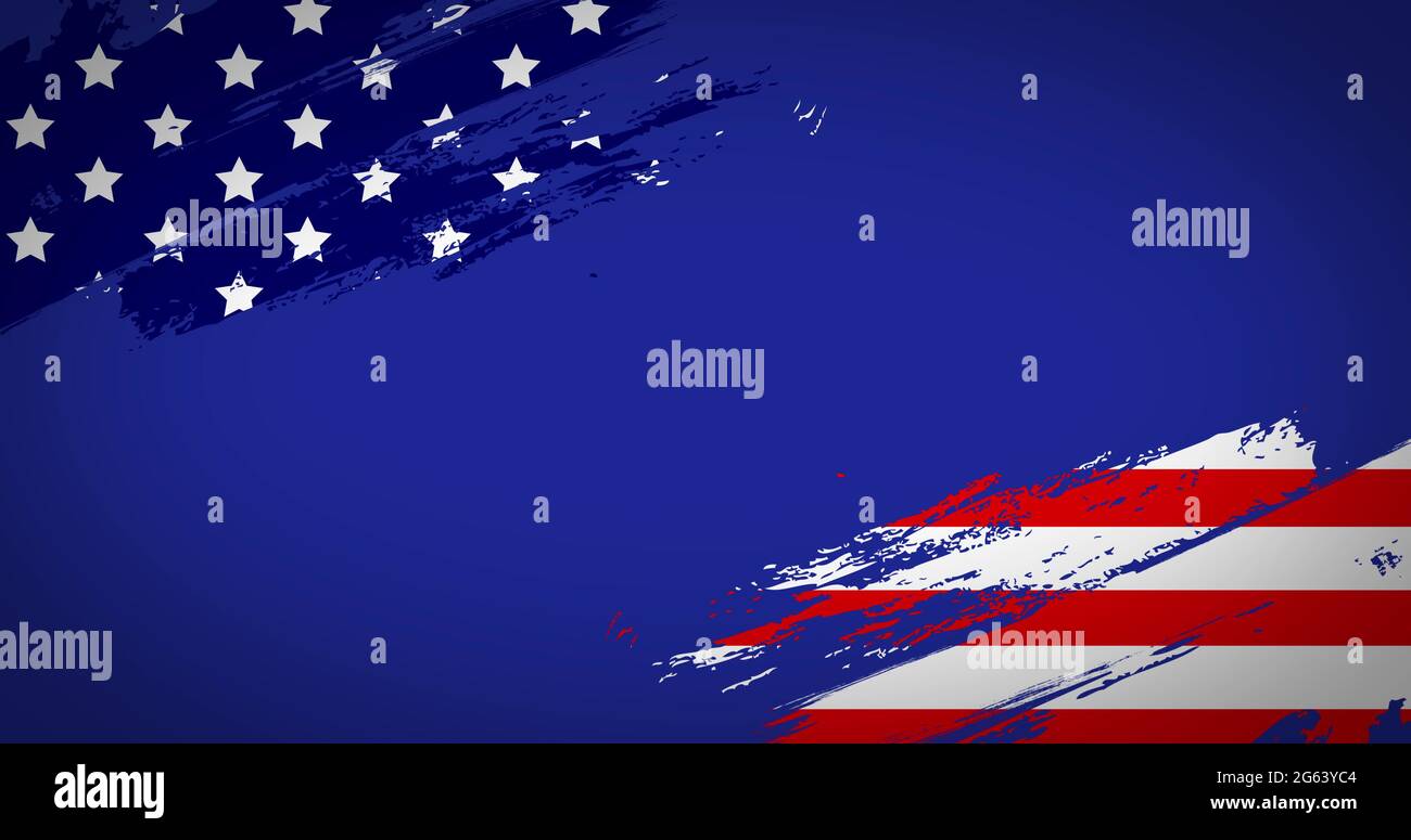 Image of split in two corners American flag moving on blue background ...