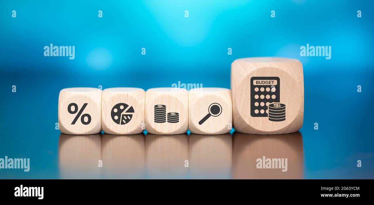 Wooden blocks with symbol of budget concept on blue background Stock ...
