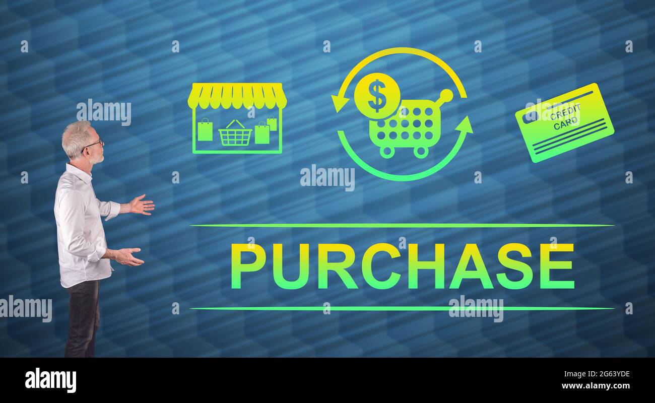 Businessman showing a purchase concept on a wall screen Stock Photo - Alamy