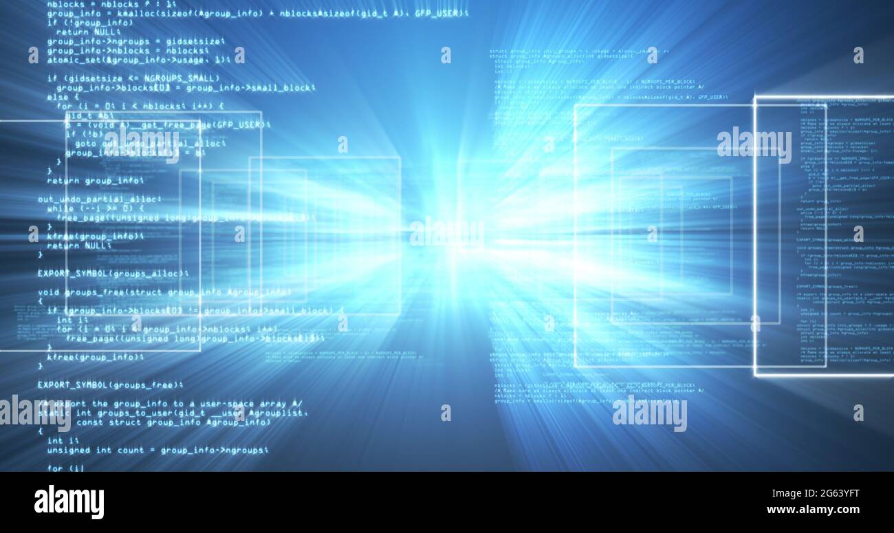 Image of data processing and network of screens on blue background ...