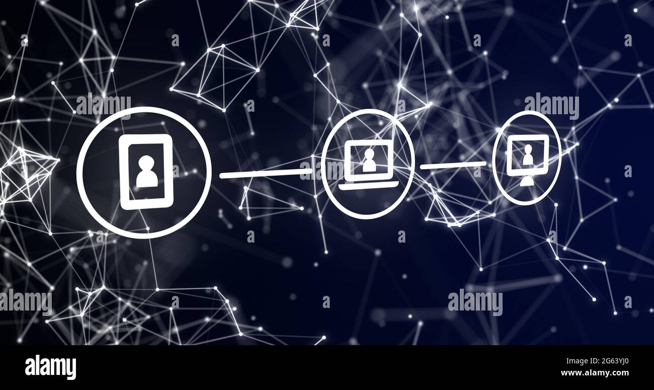 Image of three white digital computer interface icons with plexus ...