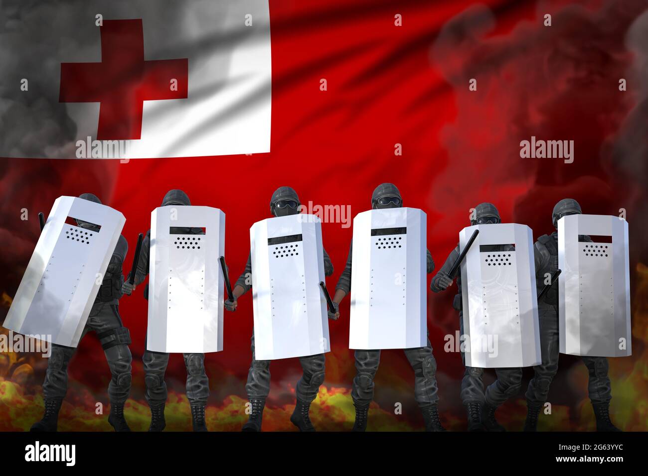 Tonga police squad in heavy smoke and fire protecting state against ...