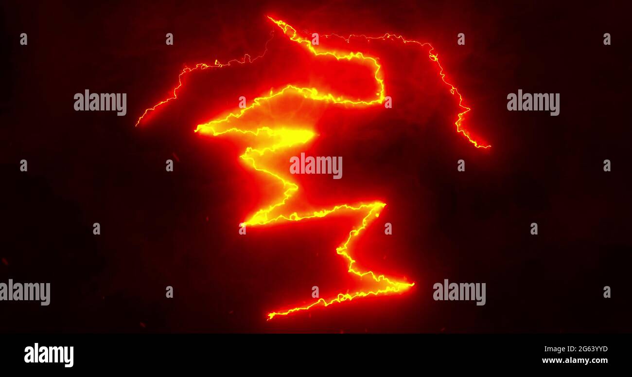 Glowing red and orange lightning bolts of electrical current and smoke ...