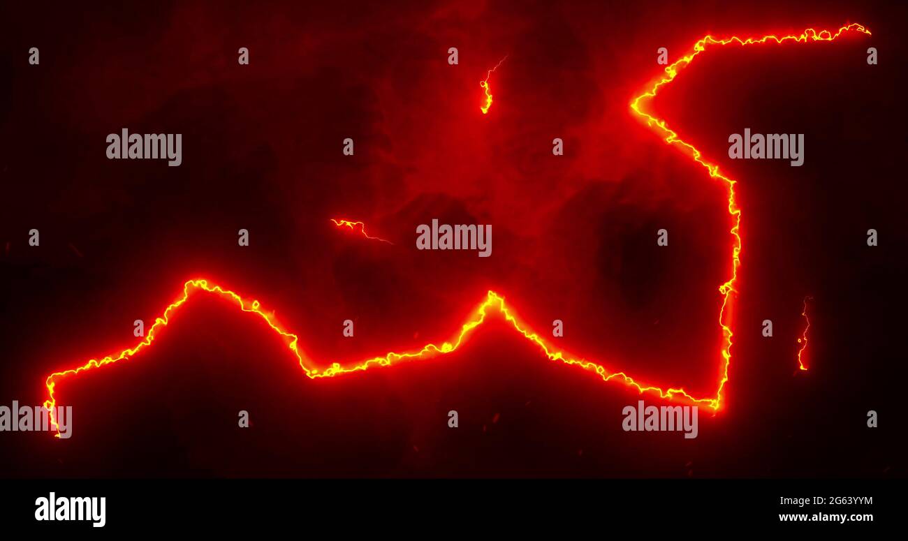 Glowing red and orange lightning bolts of electrical current and smoke ...