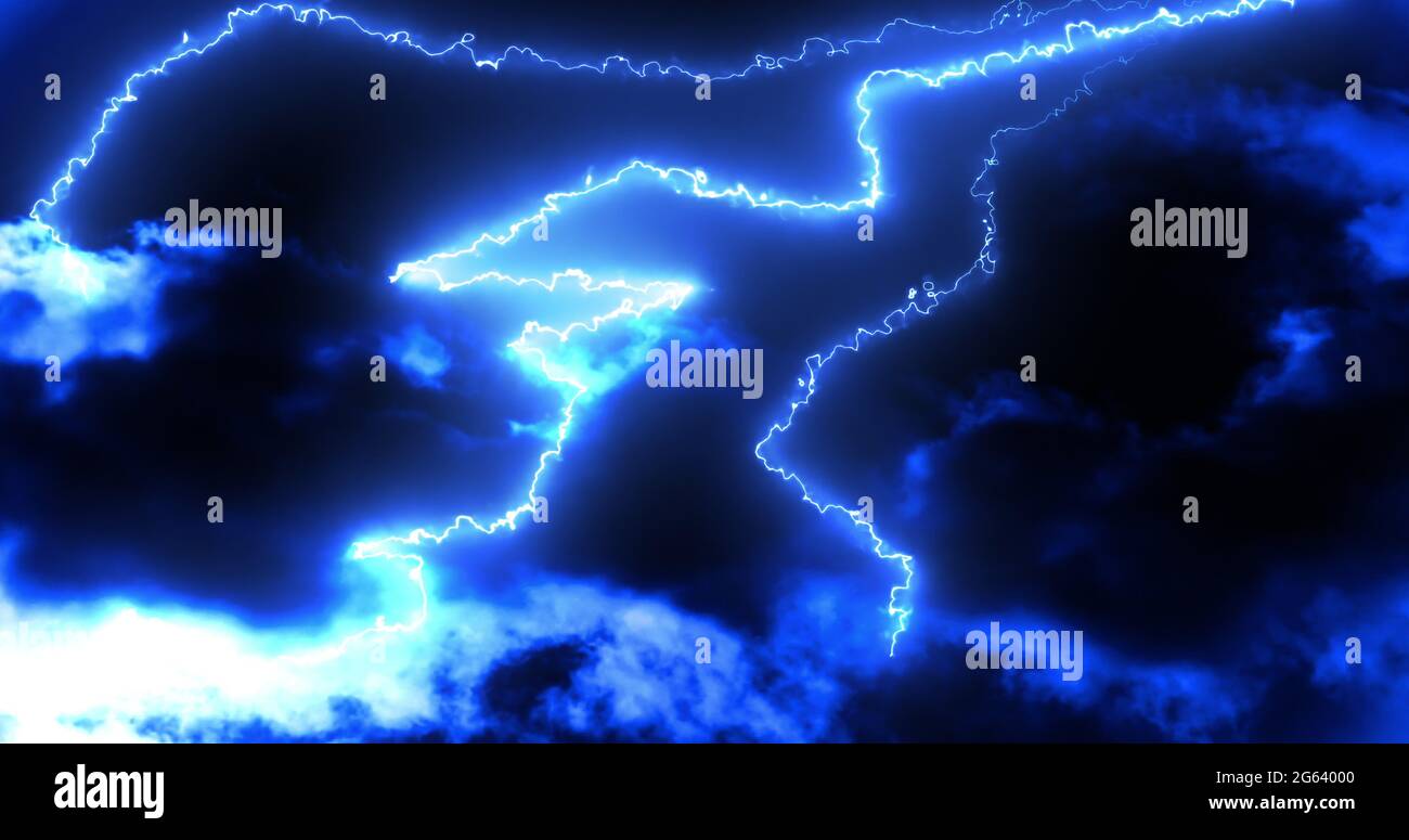 Glowing blue lightning bolts of electrical current moving wildly on ...