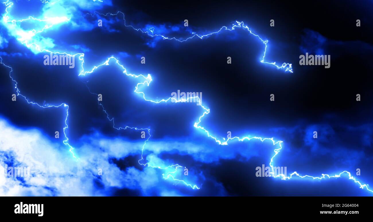 Glowing blue lightning bolts of electrical current moving wildly on ...