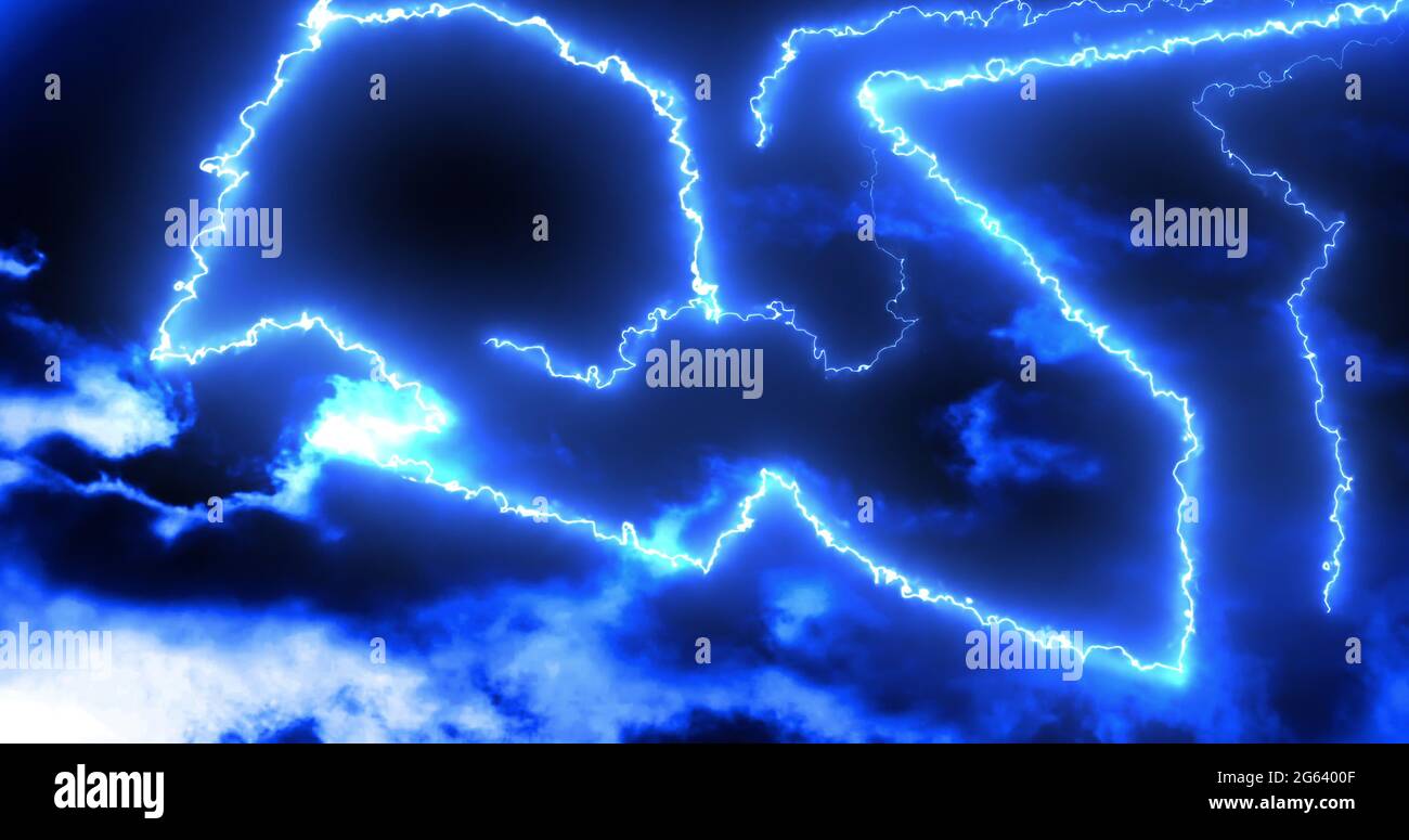 Glowing blue lightning bolts of electrical current moving wildly on ...
