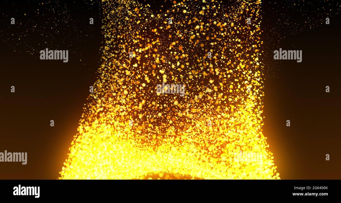 A mass of golden glowing particles effervescing on black background ...