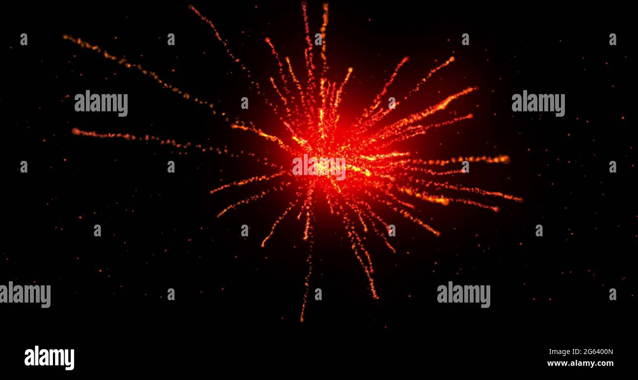 Glowing red firework exploding on black background with defocussed blue ...
