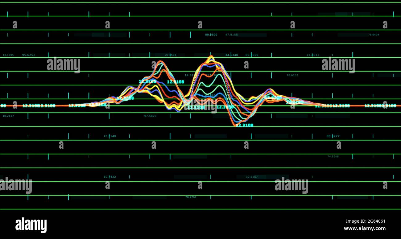 Multicolored graph and green lines against black background Stock Photo ...