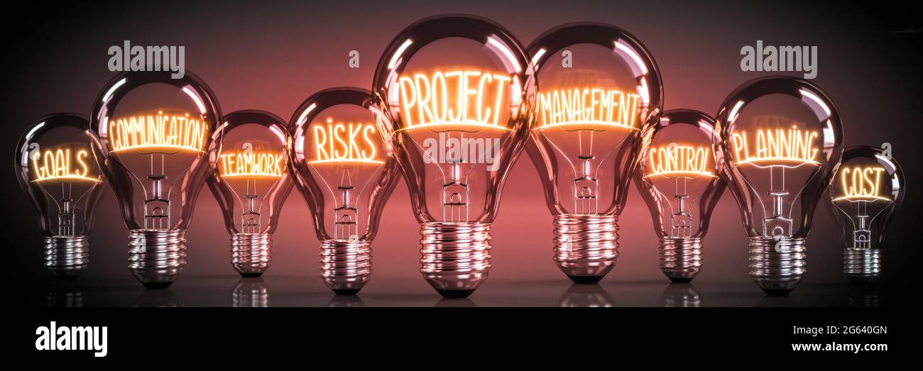 Project management concept - shining light bulbs - 3D illustration ...