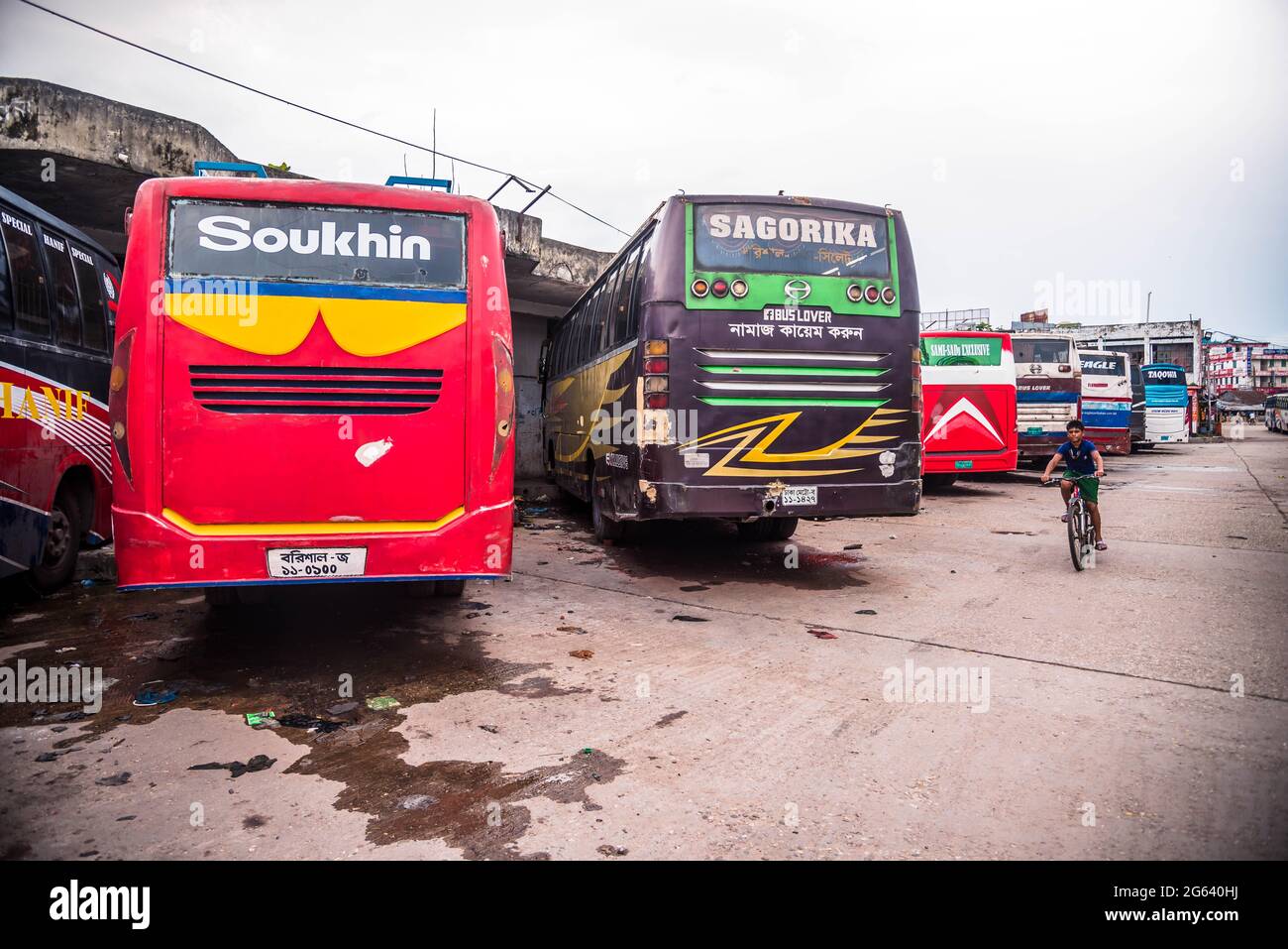 Barishal, Bangladesh. 2nd July, 2021. An aerial view of buses line up ...