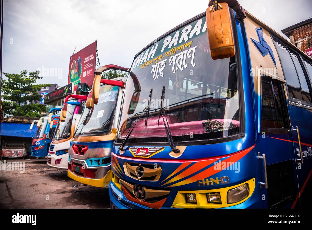 Barishal, Bangladesh. 2nd July, 2021. An aerial view of buses line up ...