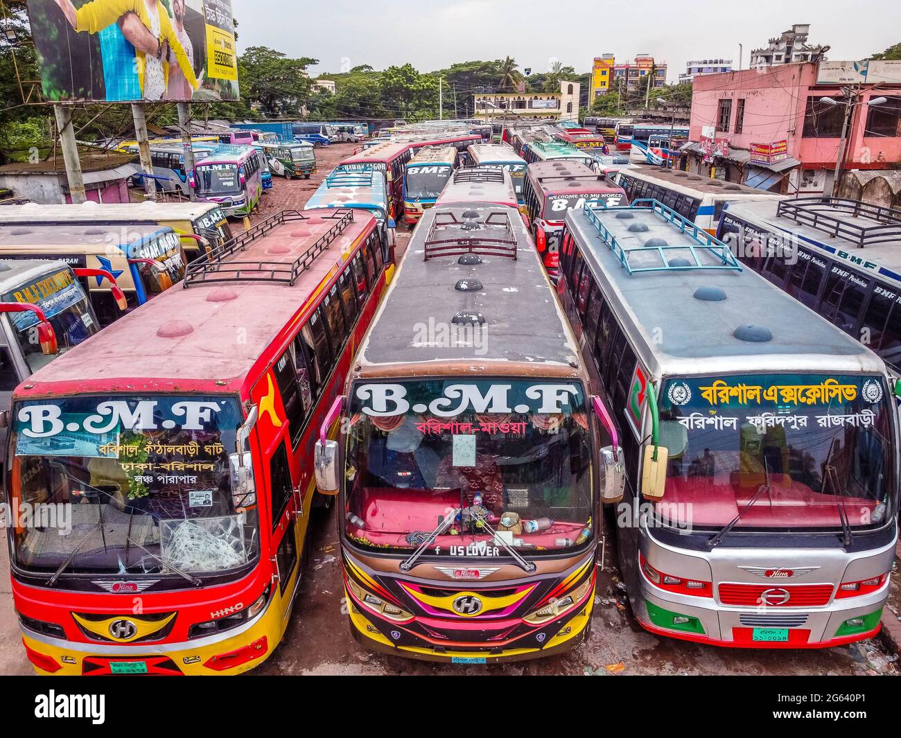 Barishal, Bangladesh. 2nd July, 2021. An aerial view of buses line up ...