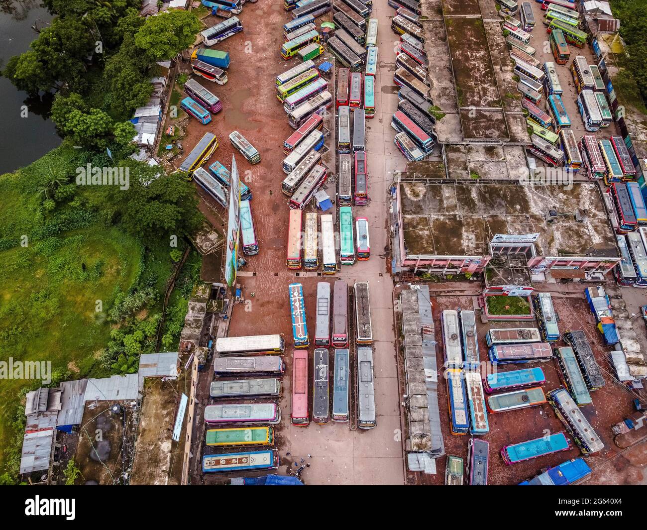 Barishal, Bangladesh. 2nd July, 2021. An aerial view of buses line up ...
