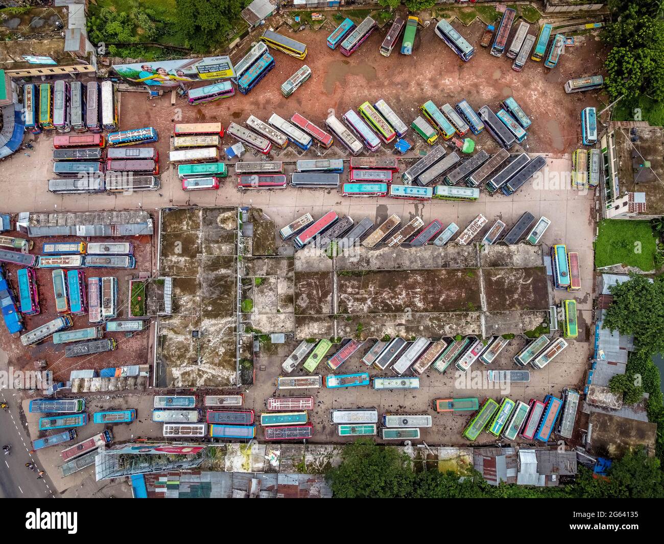 Barishal, Bangladesh. 2nd July, 2021. An aerial view of buses line up ...