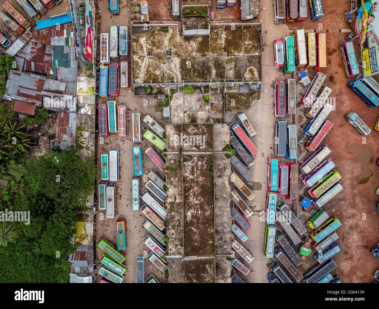 Barishal, Bangladesh. 2nd July, 2021. An aerial view of buses line up ...