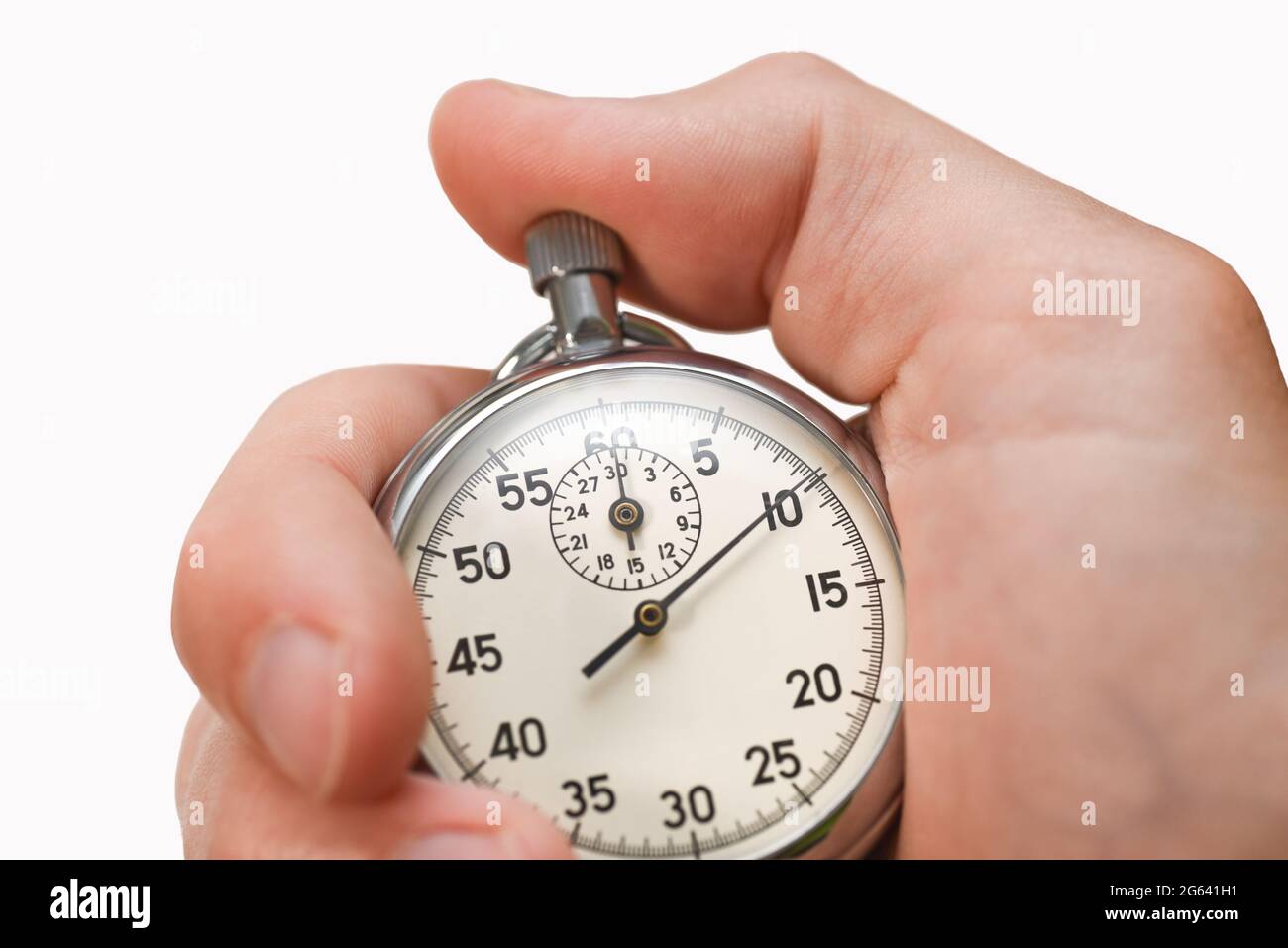 Stopwatch button presses hand finger on white background, isolate Stock ...