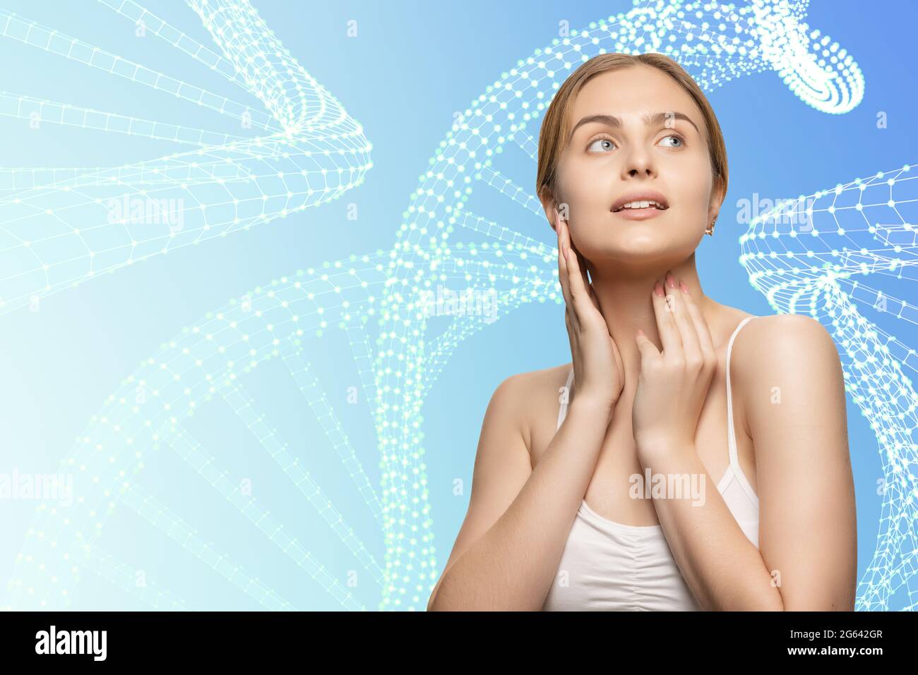 DNA stems and beautiful female face in double exposure over blue ...