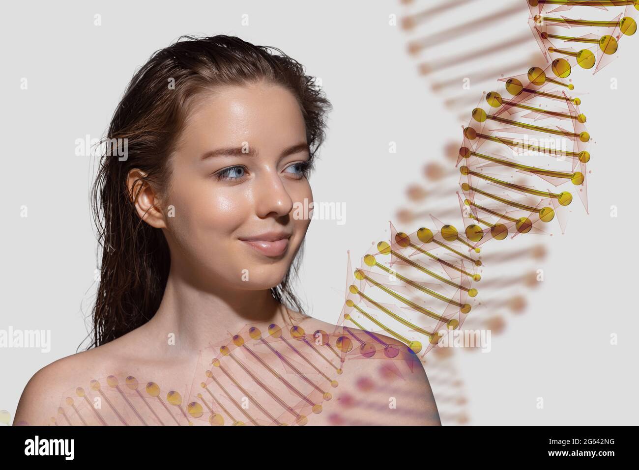 DNA stems and beautiful female face in double exposure over gray ...