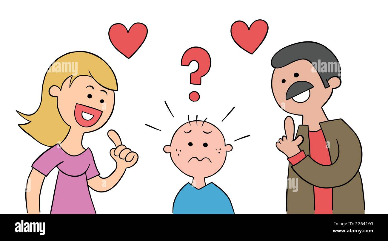 Cartoon mom and dad ask their kid which he likes more and kid is very ...