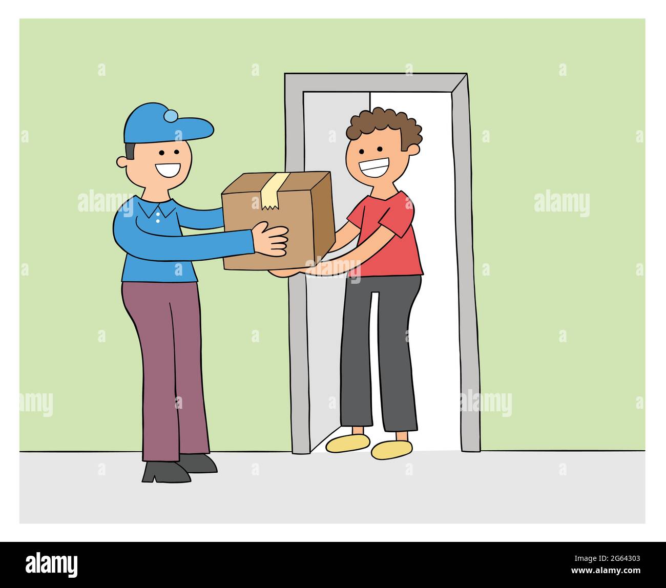 Cartoon courier brings the parcel, the customer receives the parcel ...