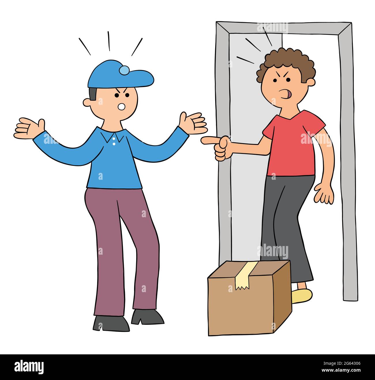 Cartoon courier brings parcel, discusses with customer, vector ...