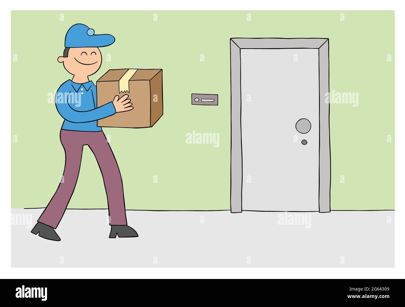 Cartoon courier brings the parcel, vector illustration. Colored and ...