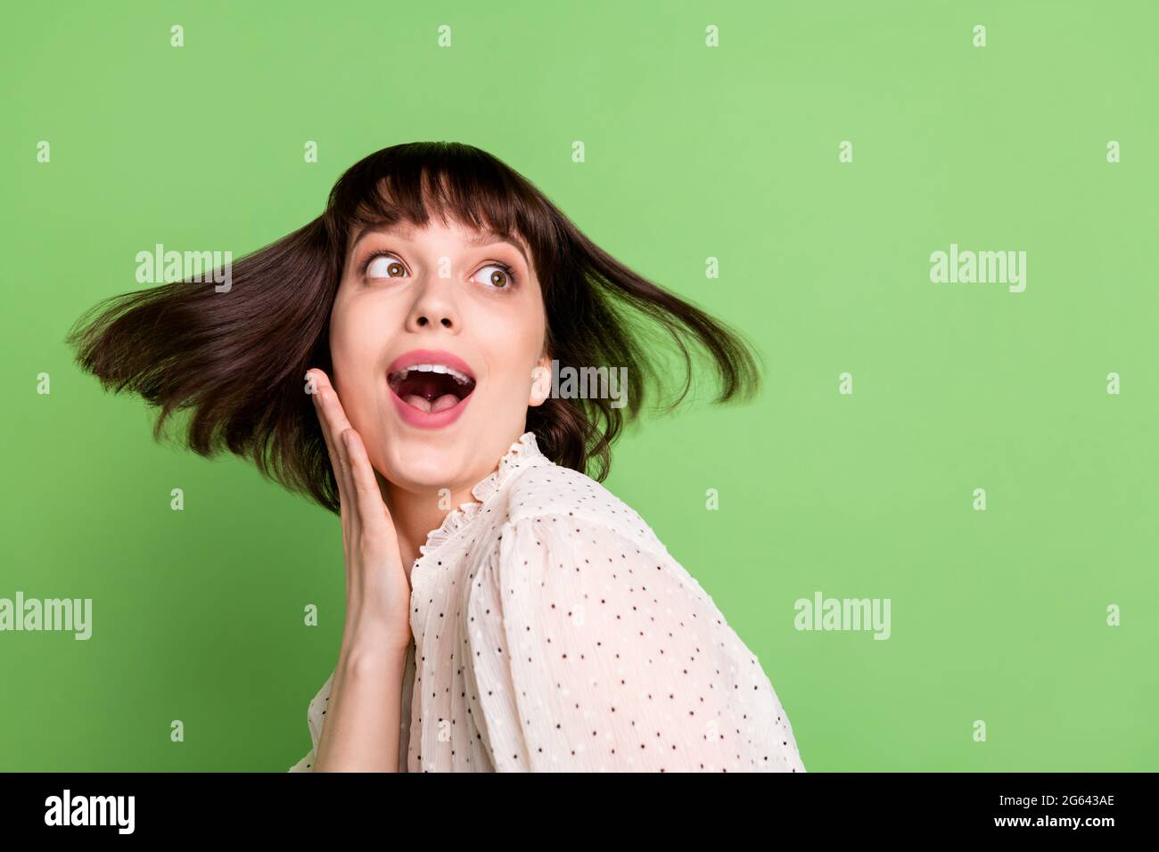 Profile side photo of young attractive girl amazed surprised curious ...